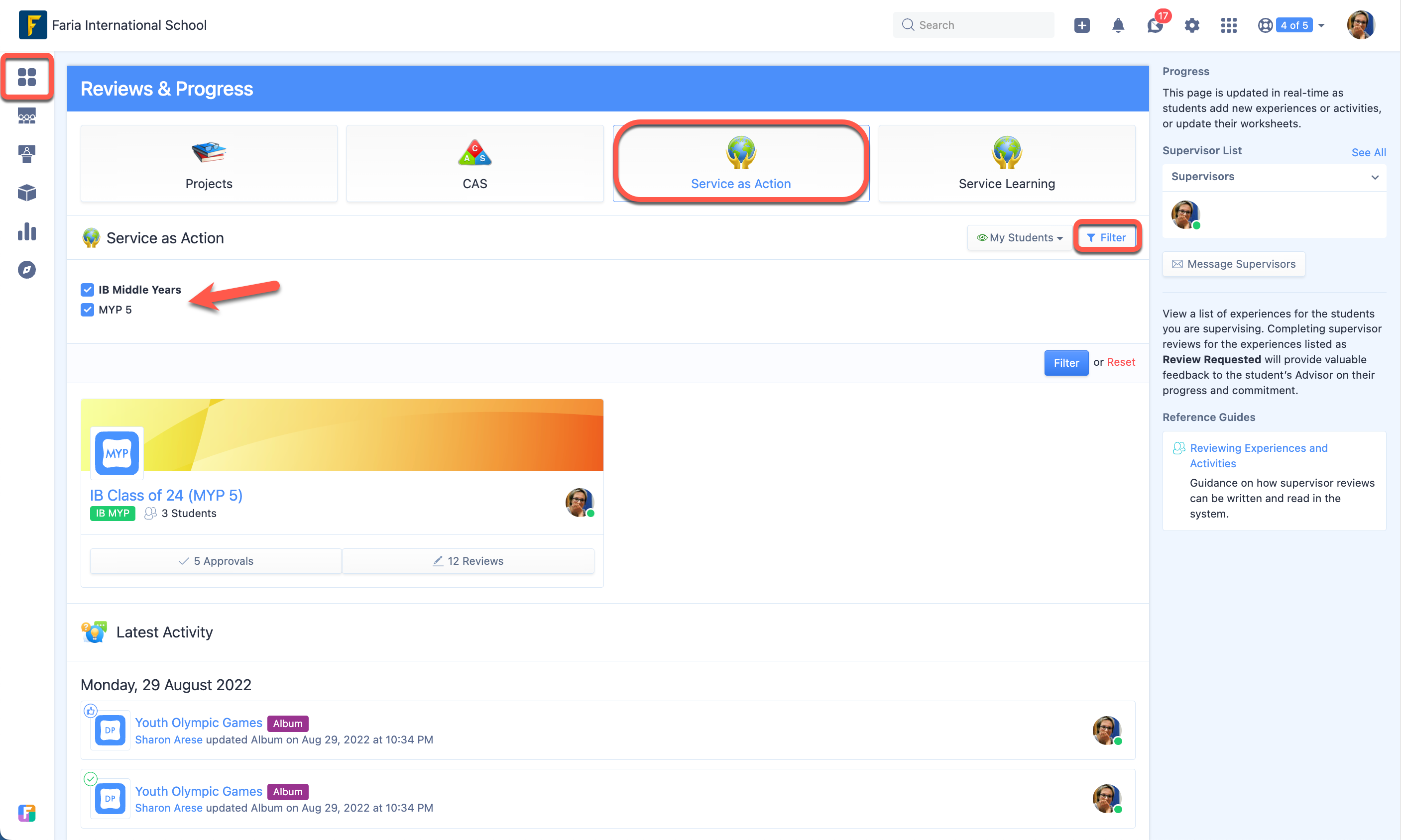Reviewing Service as Action (SA) Progress – ManageBac