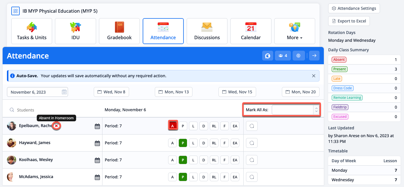 Recording Homeroom or Class Attendance – ManageBac