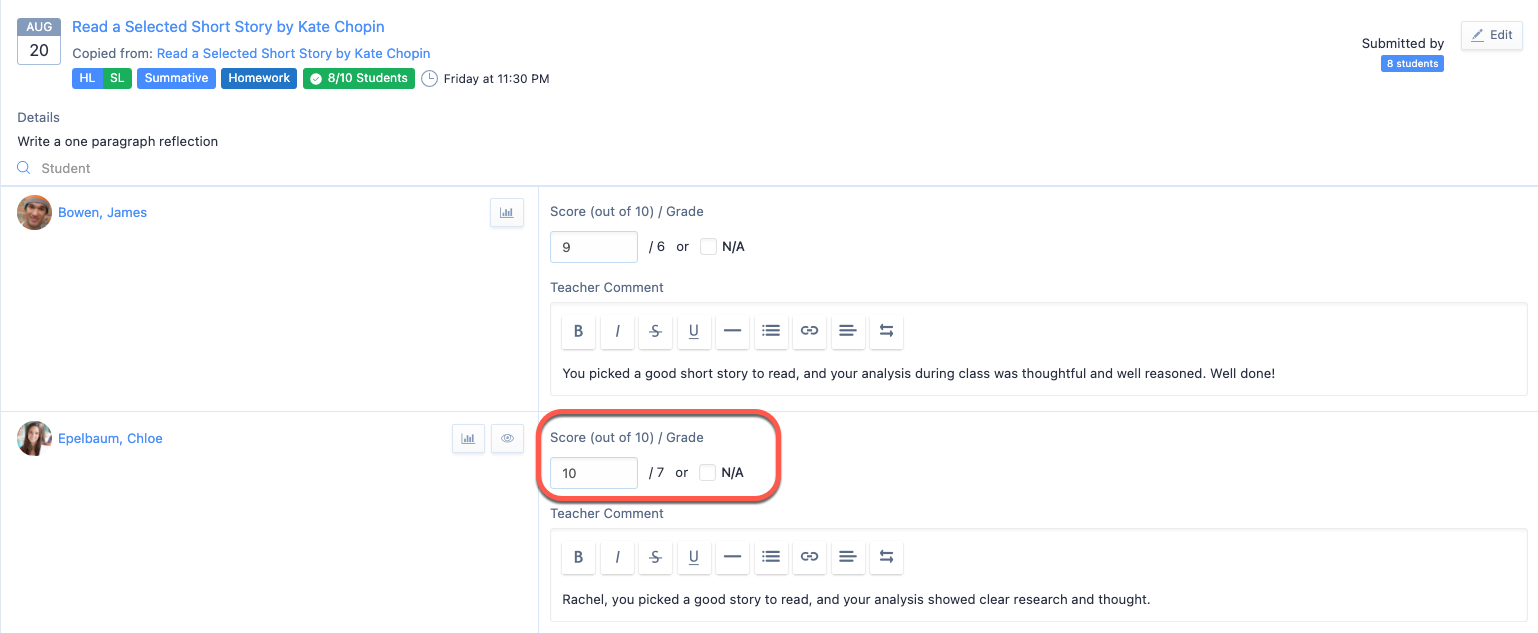 Marking Tasks via the Gradebook – ManageBac