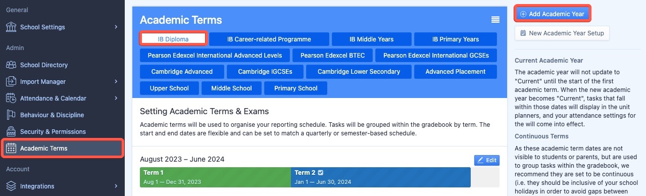 Configuring School General Settings (Languages, Academics, Year Levels, Terms) – ManageBac